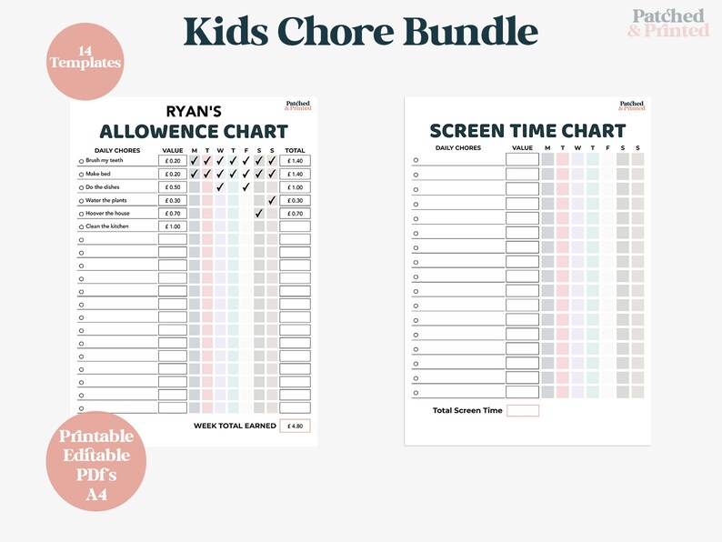 Kids Chore Charts, Editable and Printable, Reward, Allowance, Screen ...