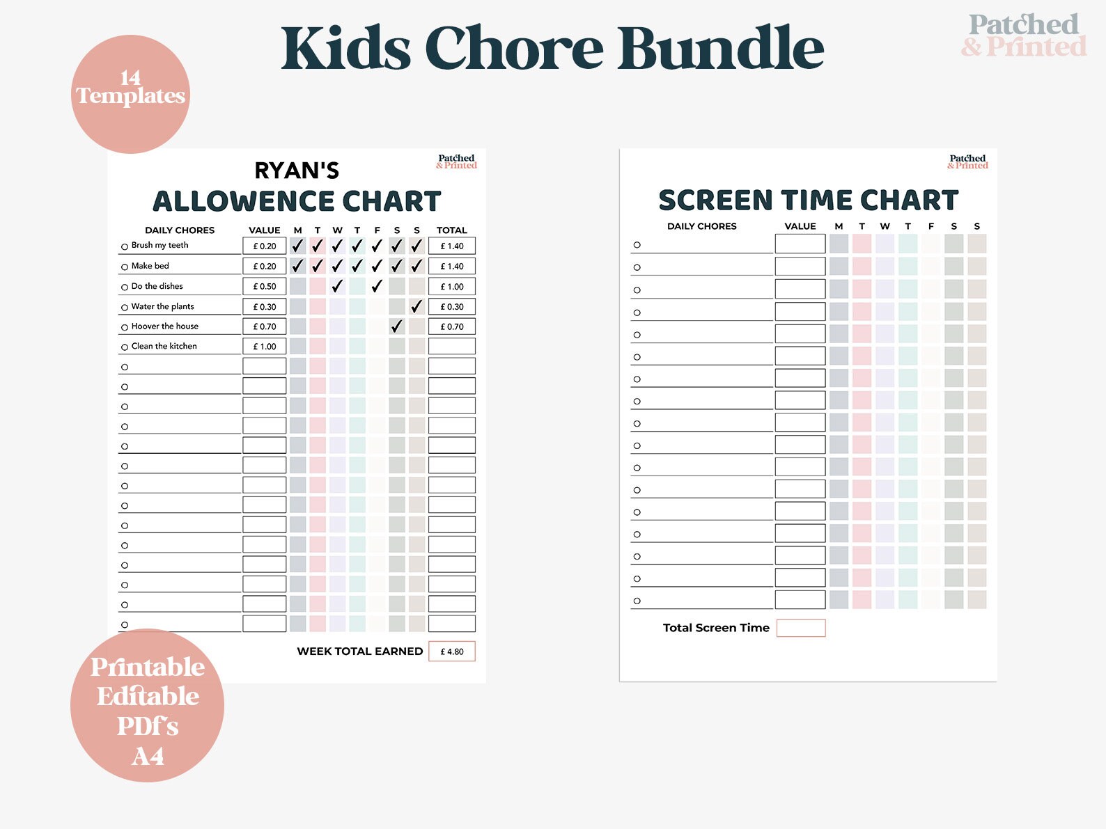 Kids Chore Charts, Editable and Printable, Reward, Allowance, Screen ...