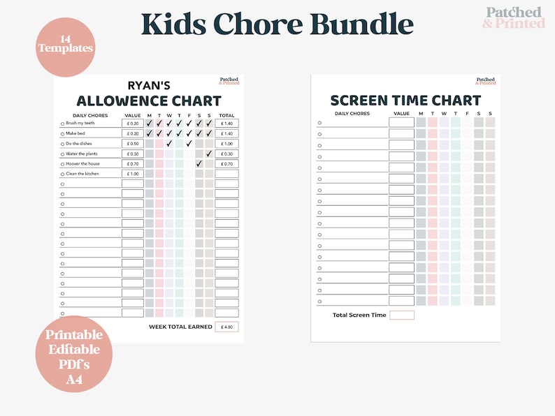Kids Chore Charts, Editable and Printable, Reward, Allowance, Screen ...