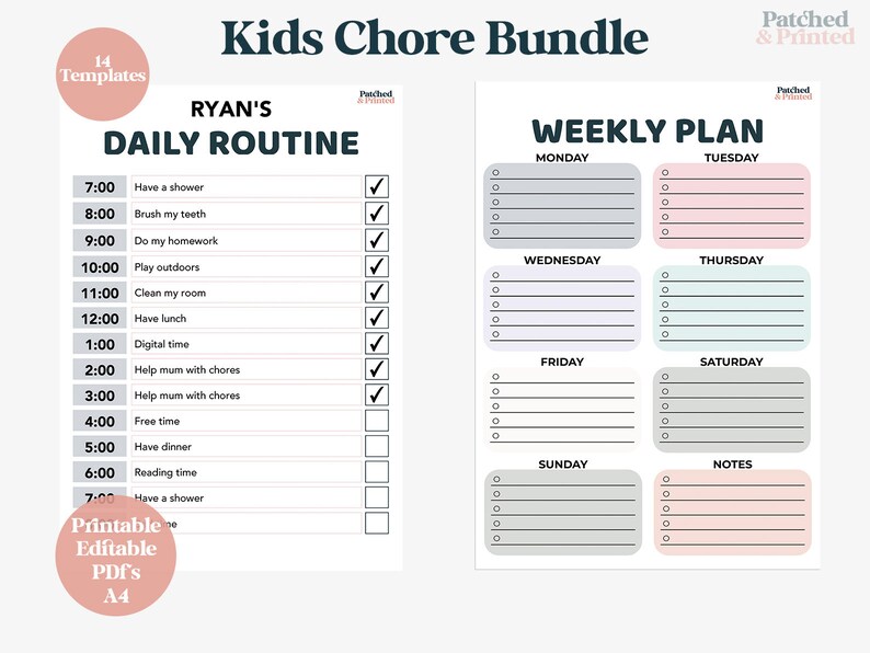 Kids Chore Charts, Editable and Printable, Reward, Allowance, Screen ...