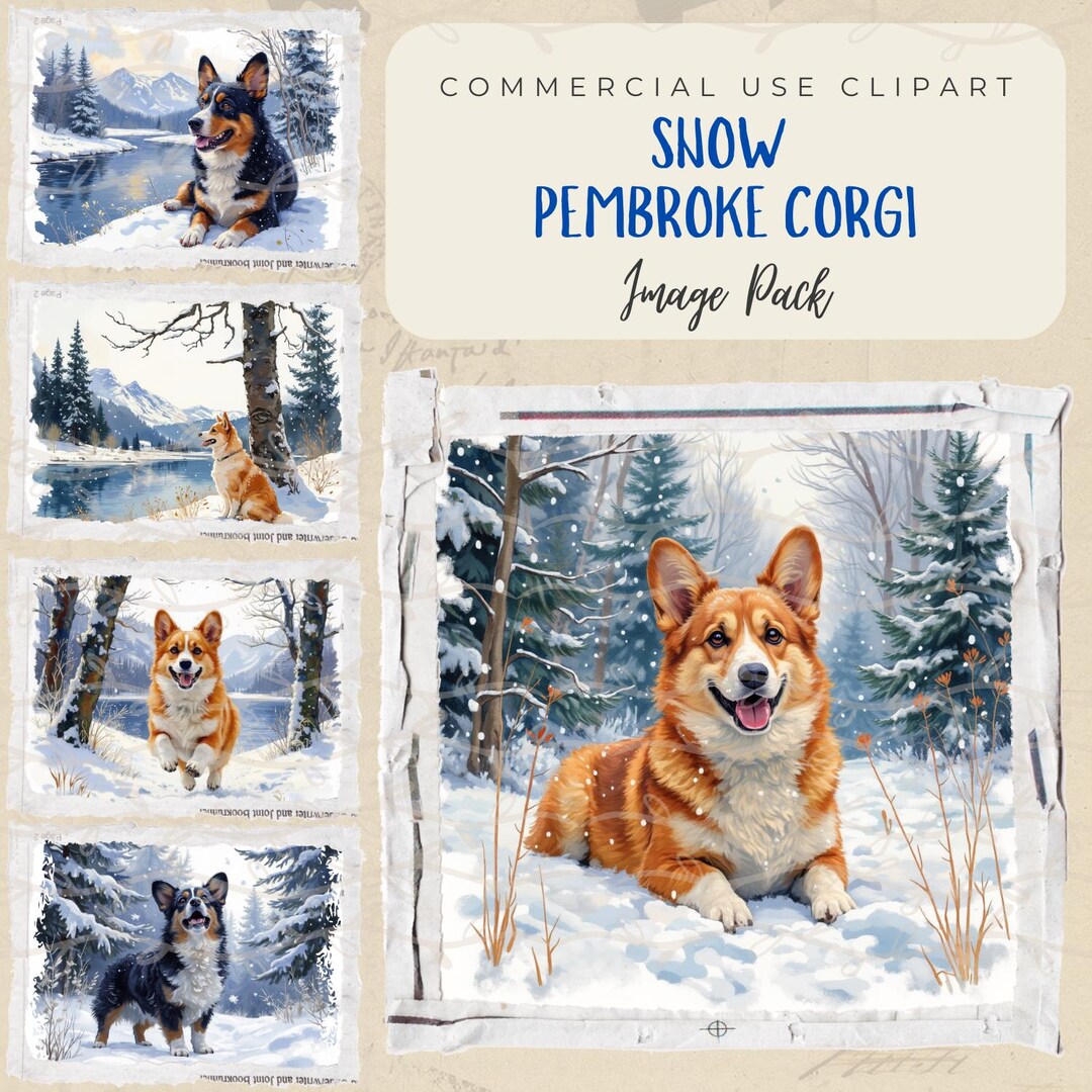 Winter Pembroke Corgi Clipart: Snow Scene Dog Art (digital 300 DPI JPEG ...