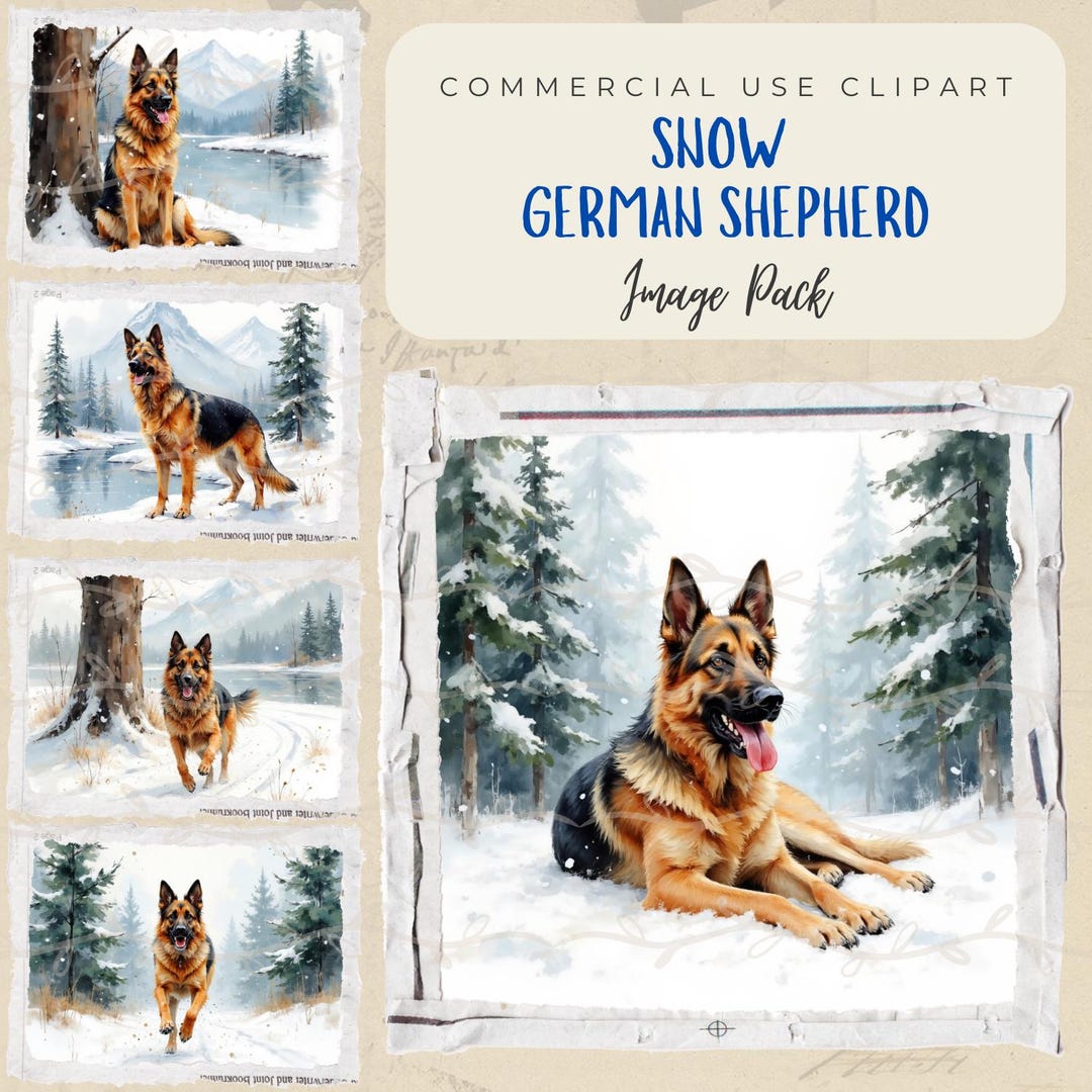 Winter German Shepherd Clipart: Snow Scene Dog Art (digital 300 DPI ...