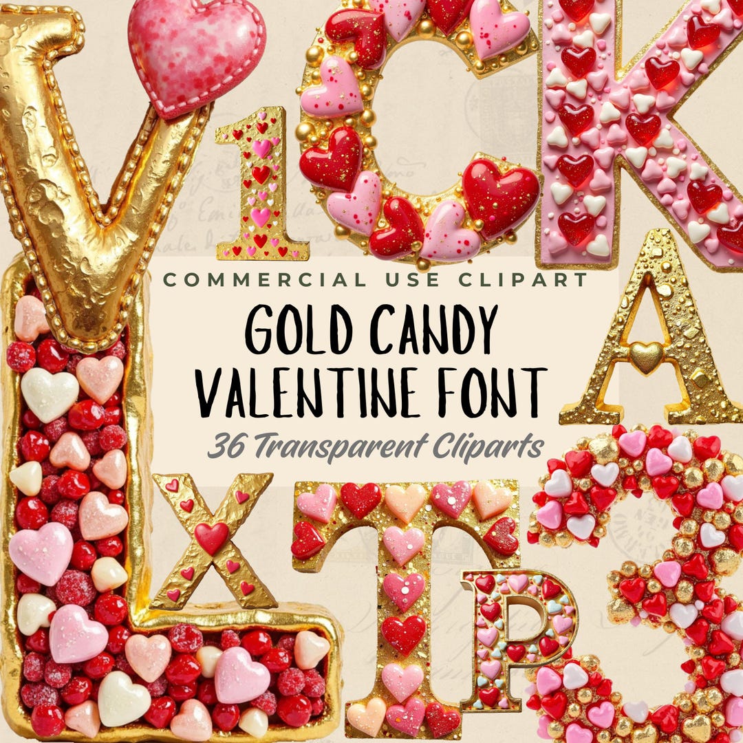 Gold Candy Valentine Letters and Numbers Font Transparent Clipart ...