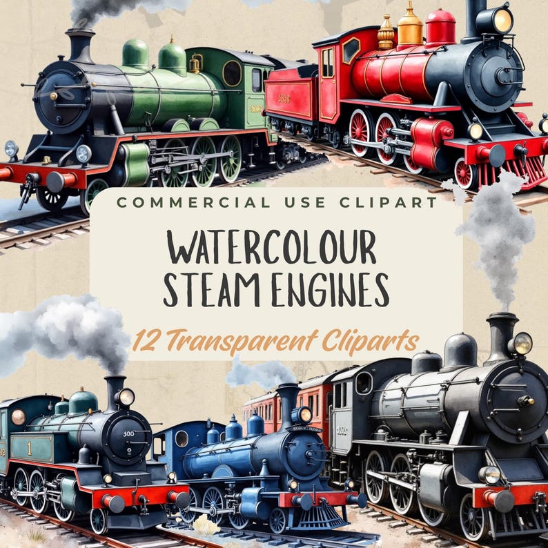 Watercolour Steam Engine Transparent Clipart Pack: Digital Art ...