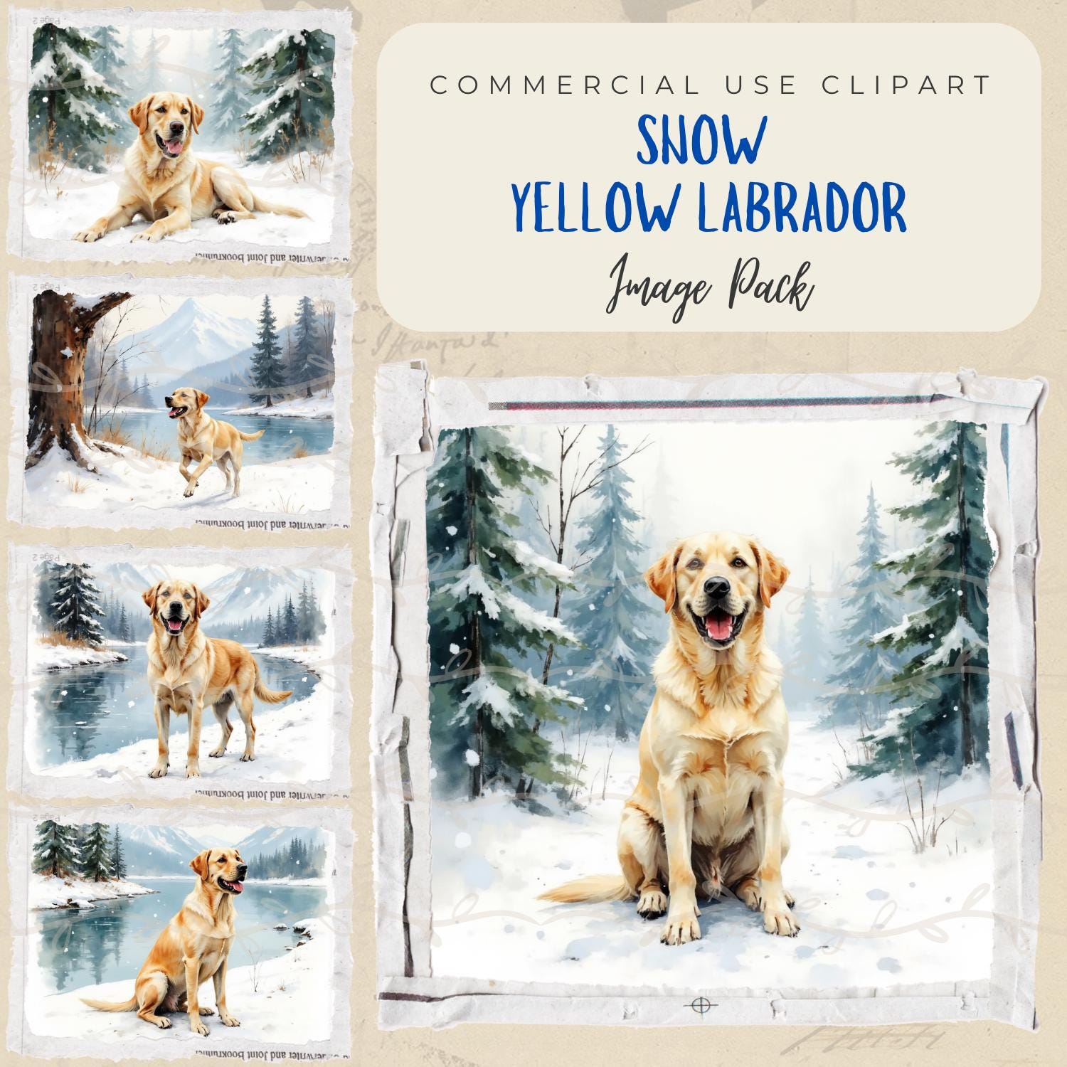 Winter Yellow Labrador Clipart: Snow Scene Dog Art (digital 300 DPI ...