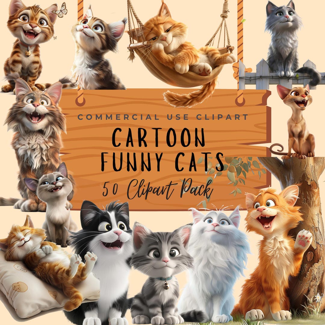 Funny Cartoon Cats Clipart: (digital 300 DPI Transparent PNG for ...