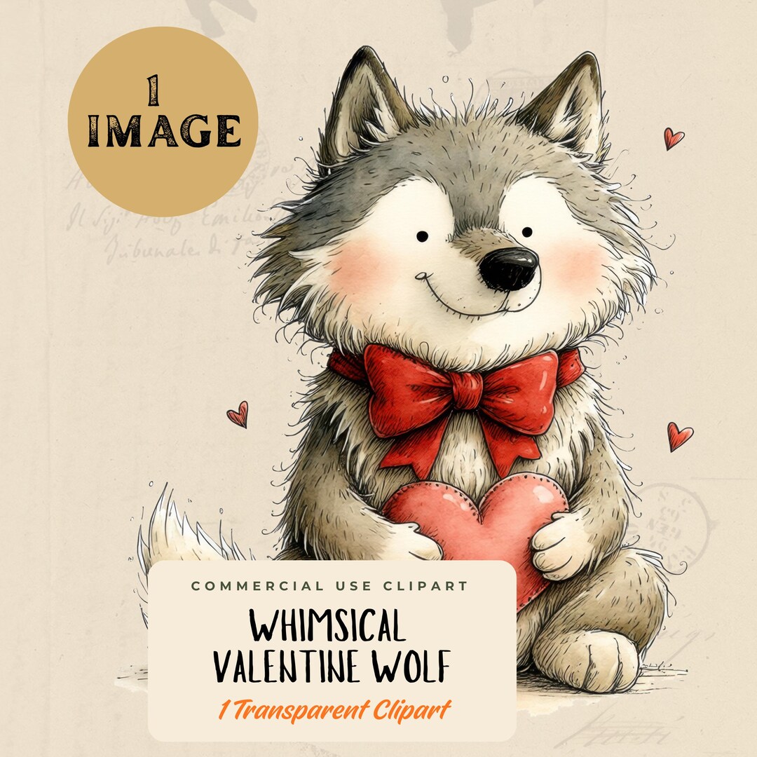Single Whimsical Valentine Wolf Transparent Clipart, Animal ...