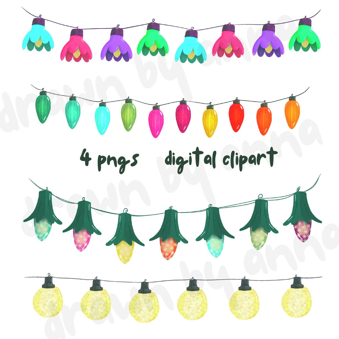 Christmas String Lights Clipart, 4 Hand Illustrated Digital Images in ...