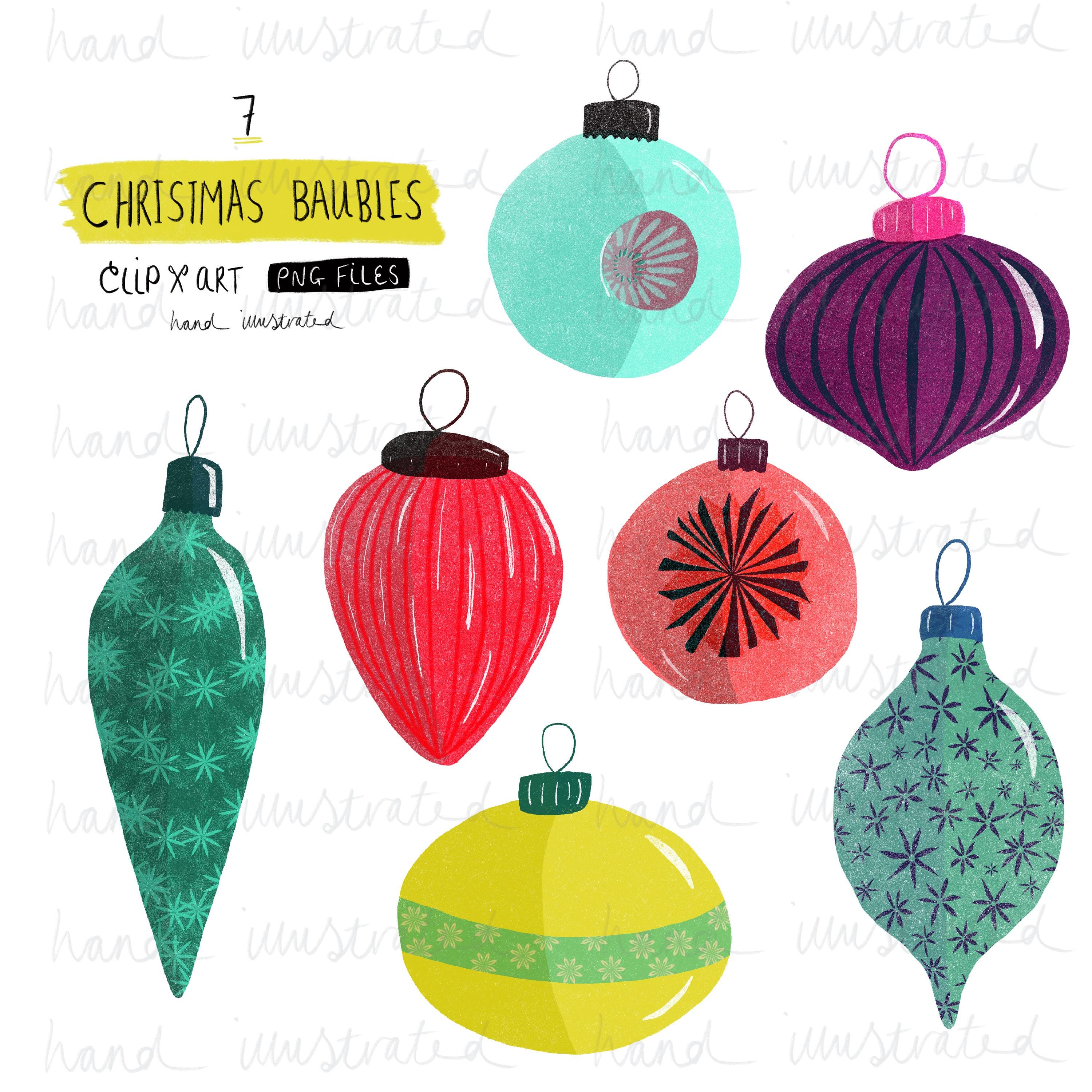Christmas Baubles Clipart Set, 7 Hand Drawn Digital Images in Png ...
