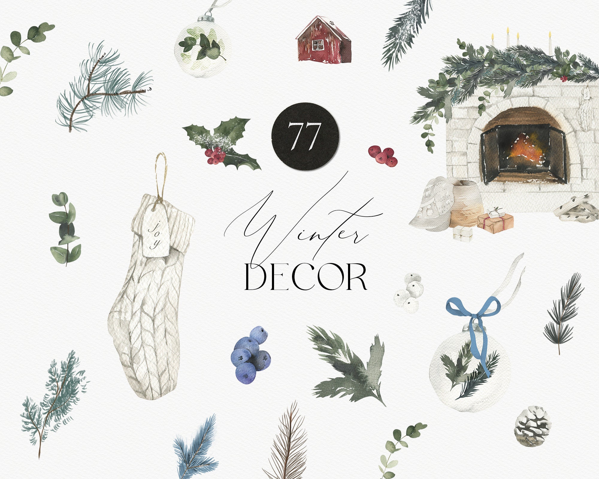 Christmas clipart set Winter watercolor decor set Clipart | Etsy