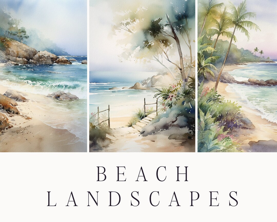 Watercolor Beach Clipart - Watercolor Nature Scenery Background - Beach ...