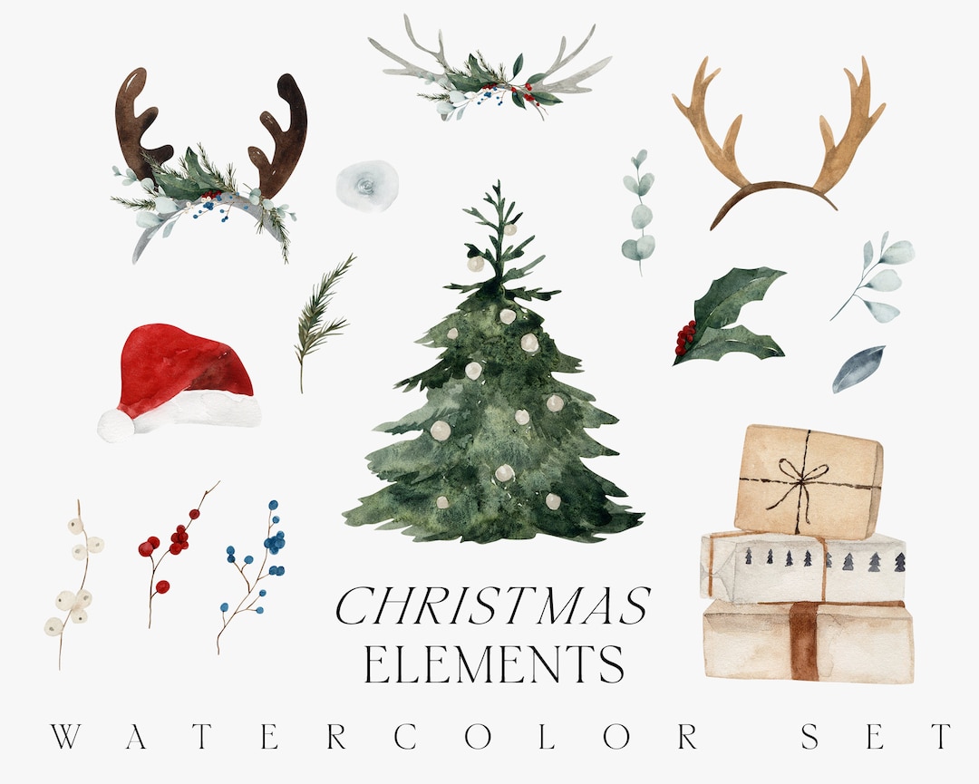 Watercolor Christmas Decor Clipart - Christmas Elements Set - Christmas ...