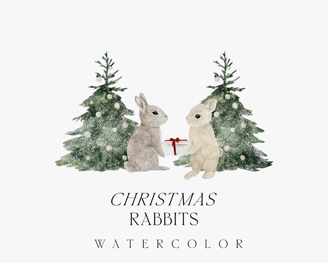 Watercolor Christmas Clipart - Watercolor Rabbits With Christmas Tree ...