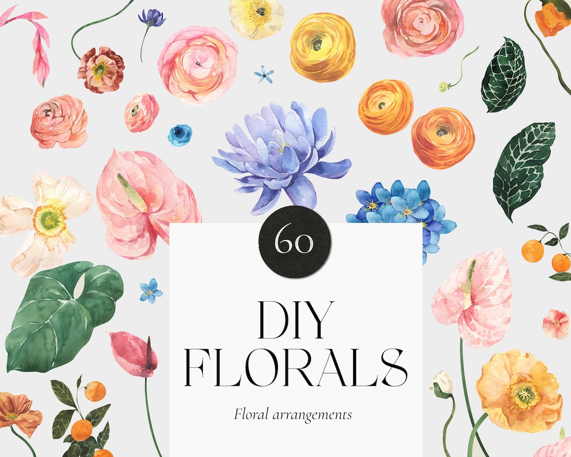 Pastel Floral Watercolor Set Bright Florals DIY Elements - Etsy