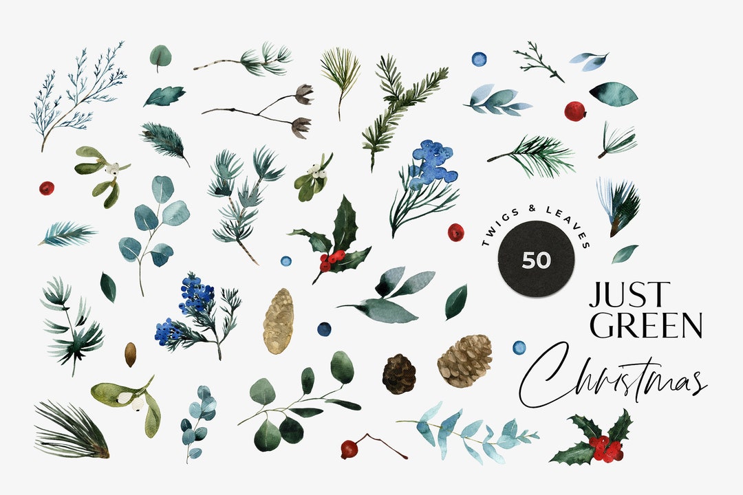 Christmas Greenery Watercolor Set - Foliage Green Leaves Clipart ...