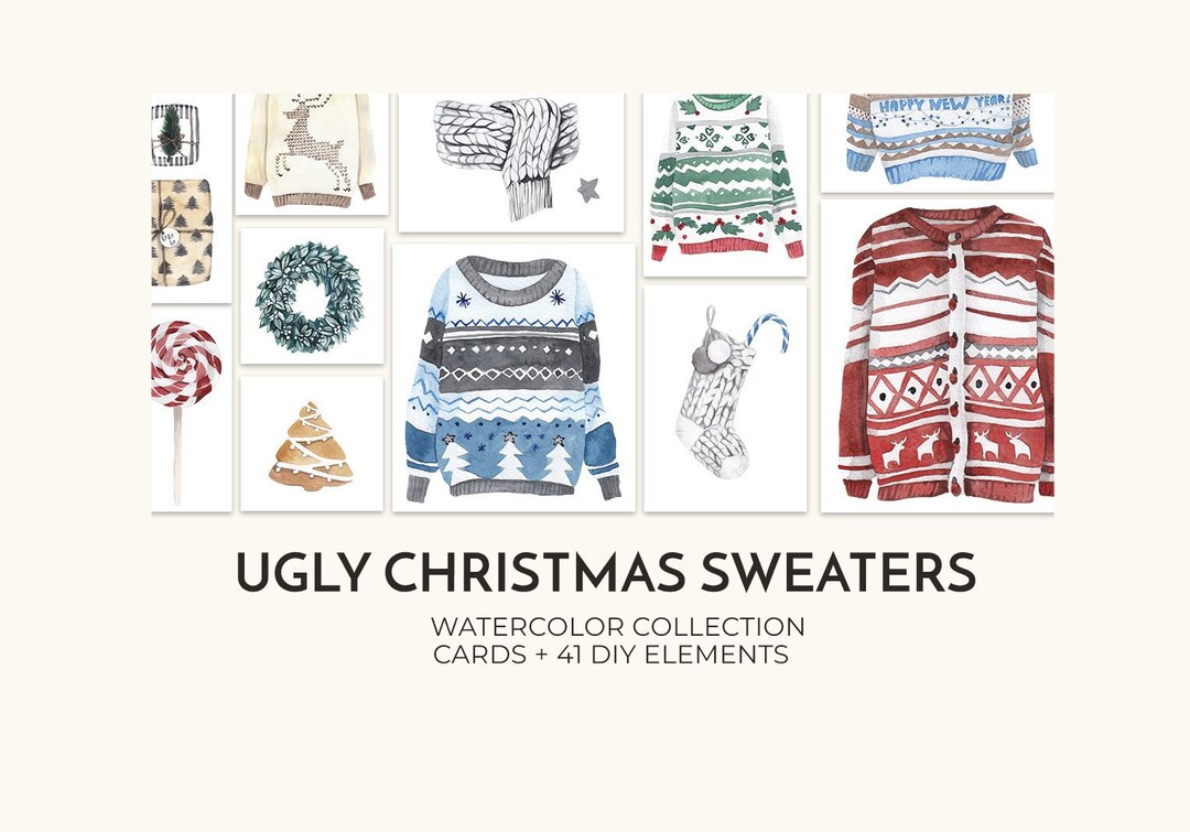 CHRISTMAS Watercolor Clipart, Winter Collection Ugly Christmas Sweaters ...