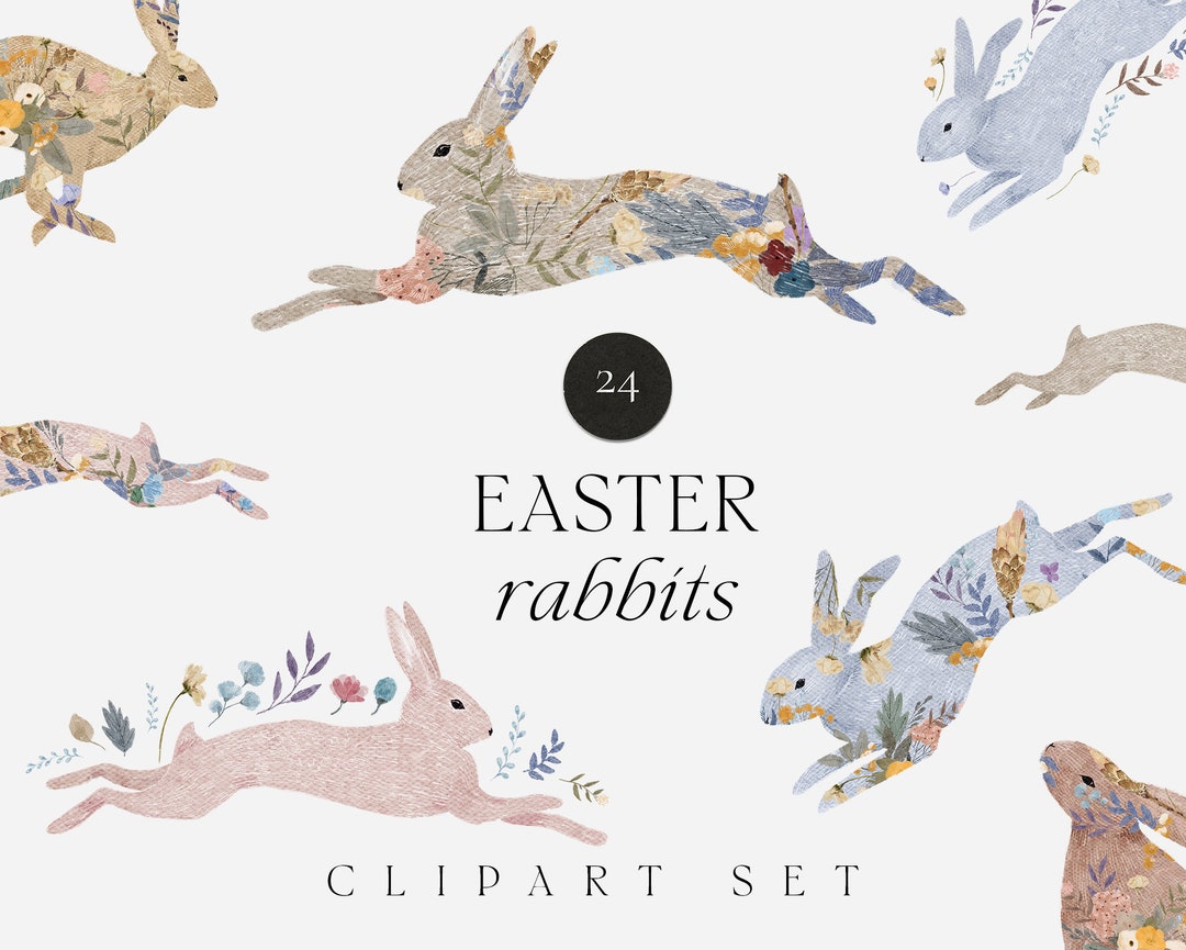 Easter Rabbits Clipart - Cute Folk Bunny Set - Floral Rabbit Hare Png ...