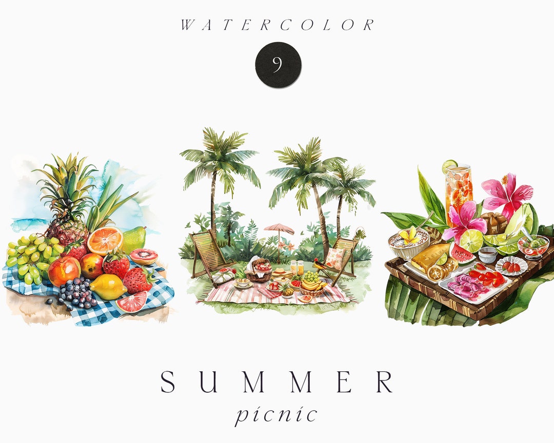 Watercolor Summer Clipart Png - Summer Picnic Clipart - Tropical Boho ...