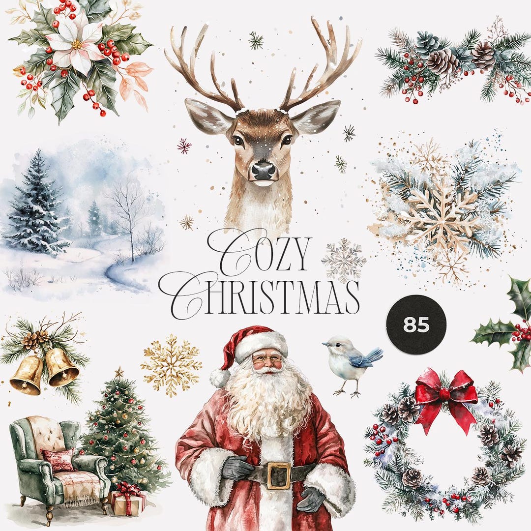 Watercolor Christmas Clipart PNG - Cozy Christmas Clipart - Watercolor ...