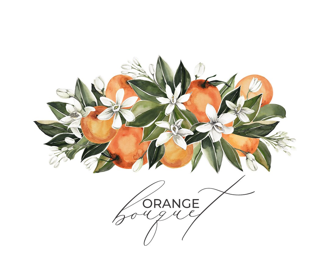 Orange Watercolor Flowers and Fruits - Composition Floral Citrus ...