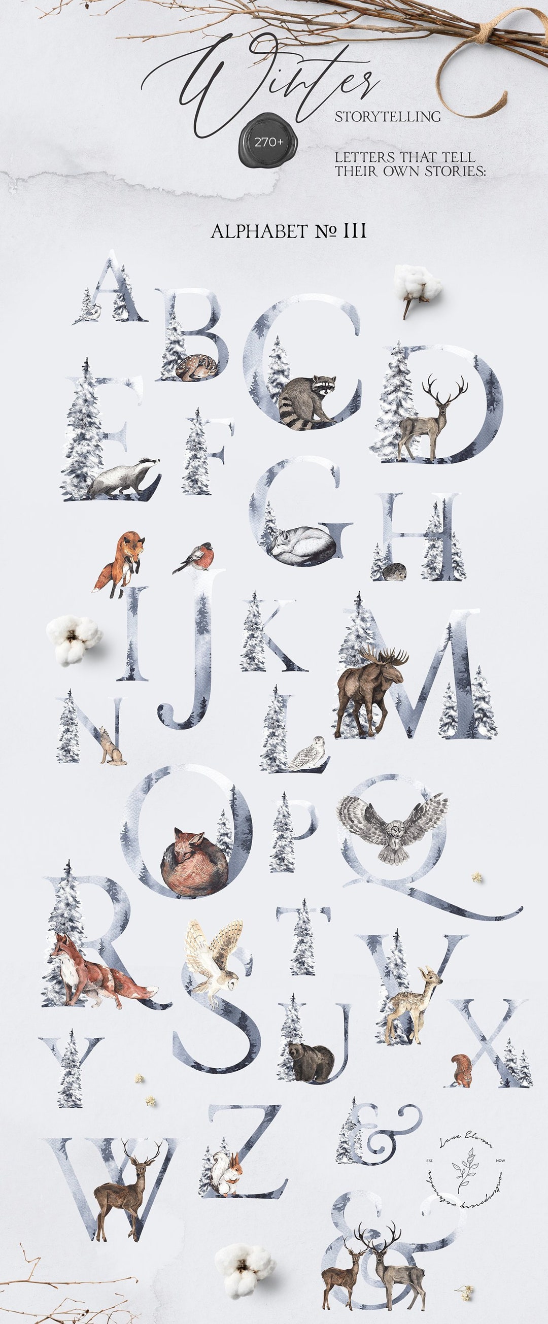 FOREST LETTERS Watercolor Alphabet Winter Storytelling Woodland Animals ...