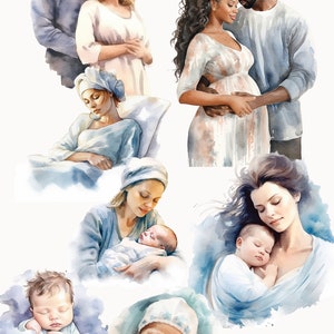 Watercolor Pregnancy Clipart - Baby Delivery Clipart - Baby Labor - Baby Shower - Pregnant Women ...