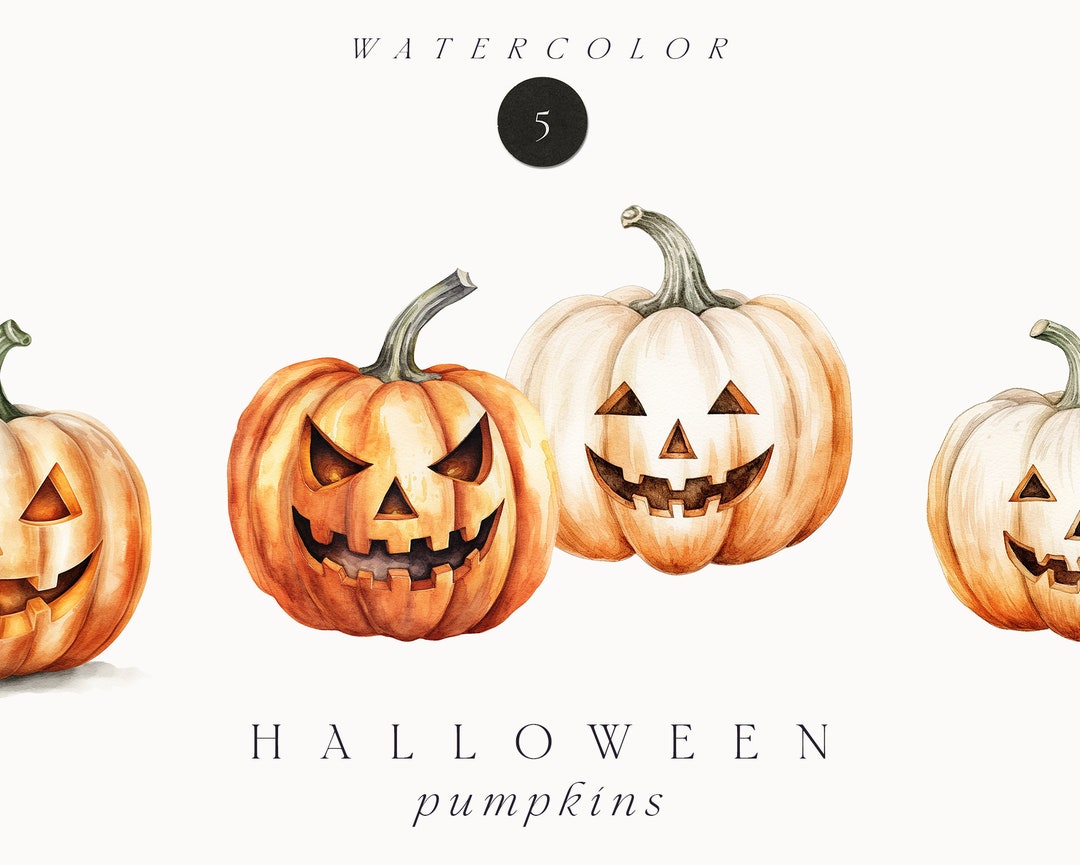 Watercolor Halloween Clipart - Watercolor Carved Face Pumpkins Png ...