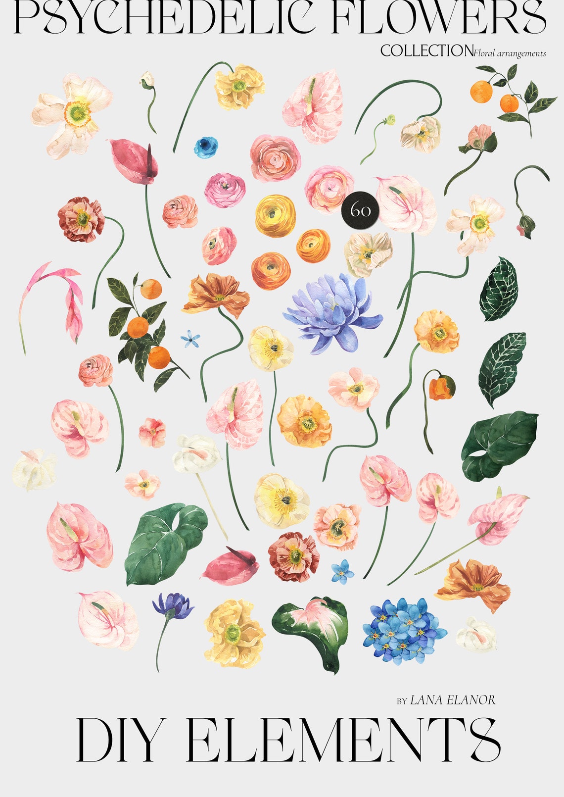 Pastel Floral Watercolor Set Bright Florals DIY Elements - Etsy