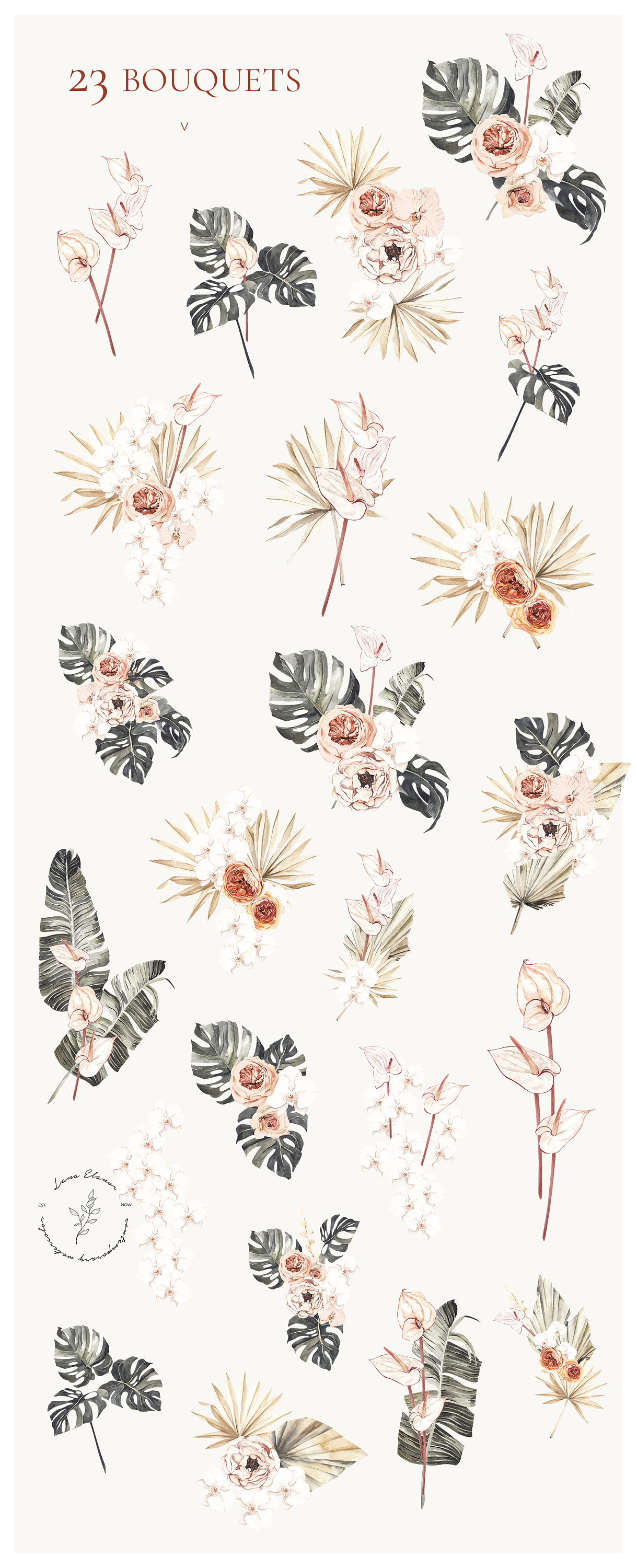 Boho Floral Tropical Bouquets Frames Watercolor Set Nude | Etsy