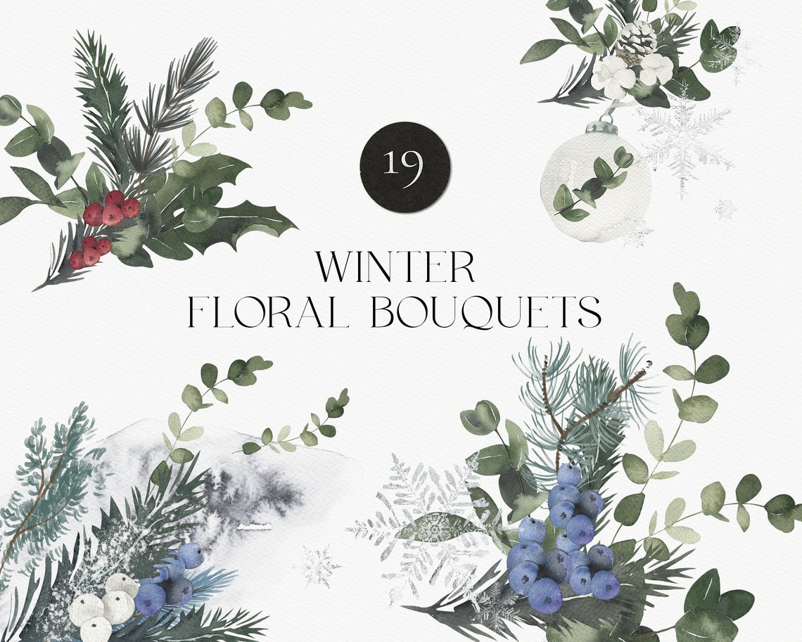 Christmas Bouquets Set Watercolor Clipart Winter Floral Set - Etsy
