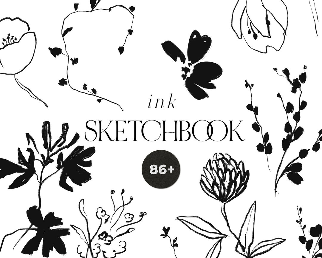 Ink Floral Clipart Set - Abstract Line Art Flowers - Minimal Bold Ink ...