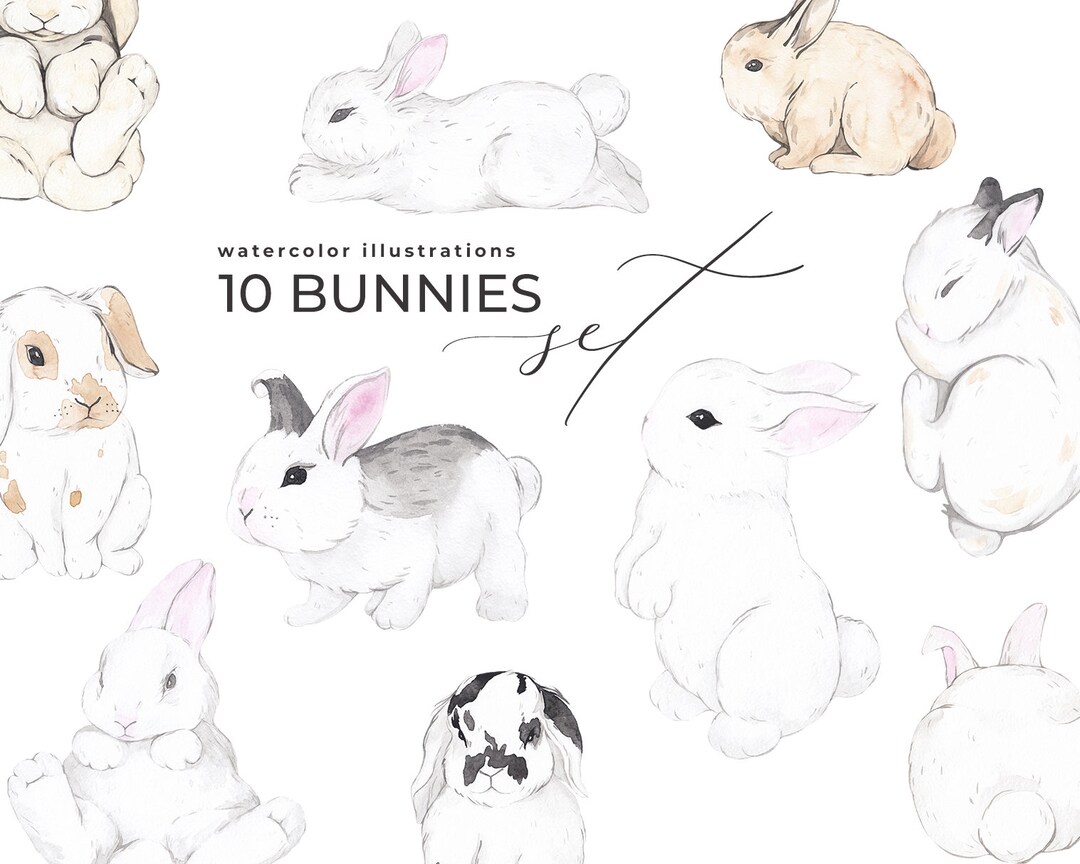 Watercolor Bunny Set Cute Rabbits Clipart Easter Rabbits Watercolor ...