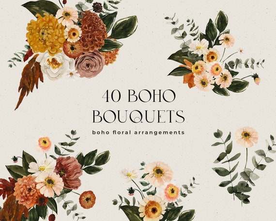 Watercolor Flowers Clipart Boho Floral Bouquets Set Floral - Etsy