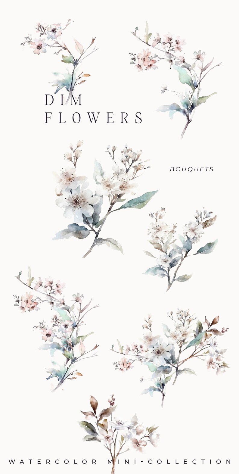 Watercolor Dim Floral Clipart Ethereal Grey Neutral Flowers - Etsy