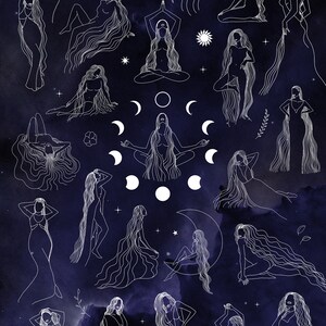 GODDESS Line Art Women Set - Magic Women Set - Celestial Moon Phases ...