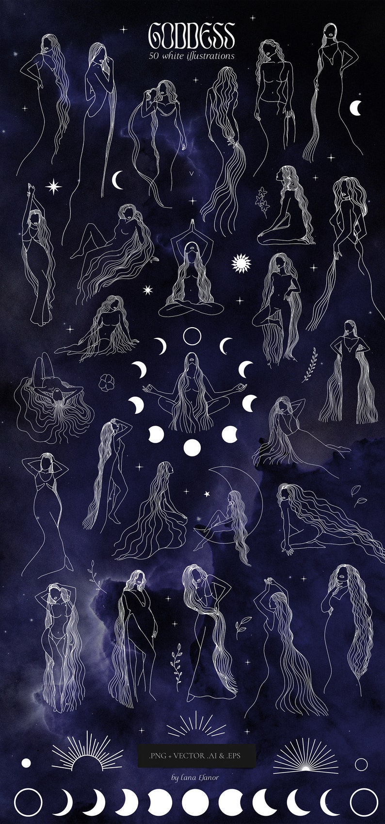 GODDESS Line Art Women Set Magic Women Set Celestial Moon - Etsy