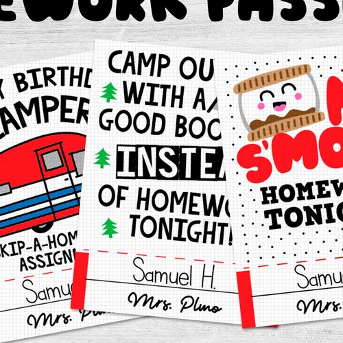 Printable Camping Themed Homework Passes // DIGITAL DOWNLOAD - Etsy