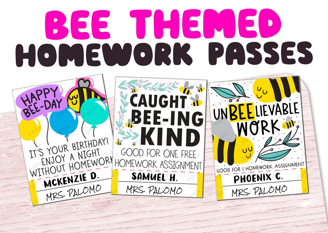 Bee Themed Homework Passes // Easy Student Gift // Digital Download - Etsy