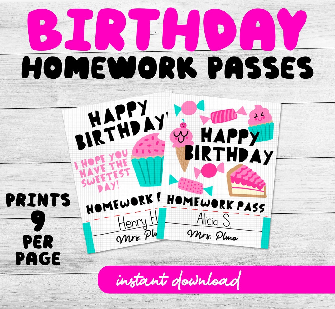 Happy Birthday Printable Homework Pass Cupcake Theme DIGITAL DOWNLOAD ...