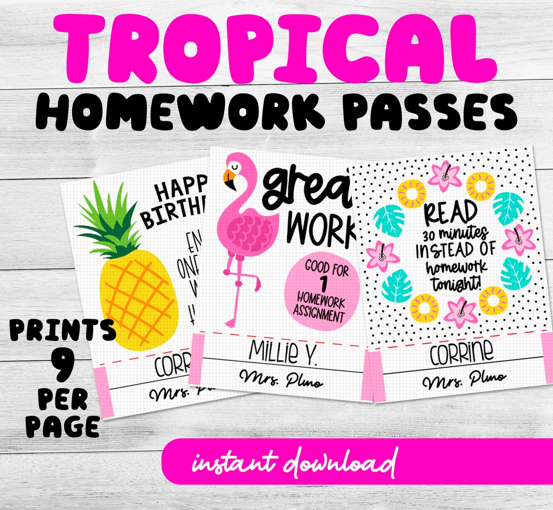 Tropical Themed Homework Passes // Fun and Motivational Student Gift - Etsy