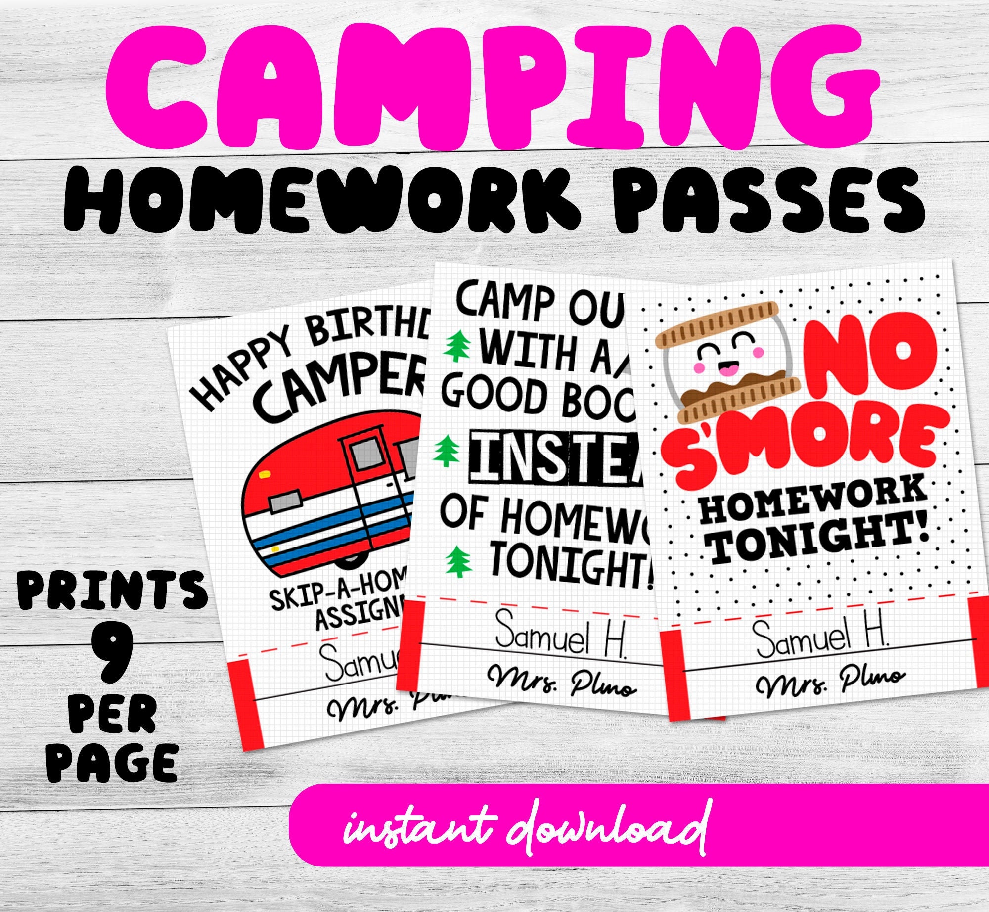 Printable Camping Themed Homework Passes // DIGITAL DOWNLOAD - Etsy