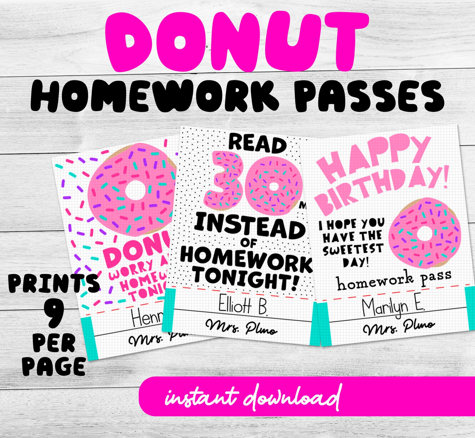 Donut Theme Printable Homework Passes DIGITAL DOWNLOAD - Etsy