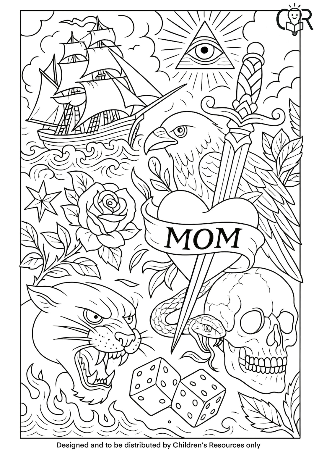 Kids Coloring Page - Tattoo Themed - Etsy
