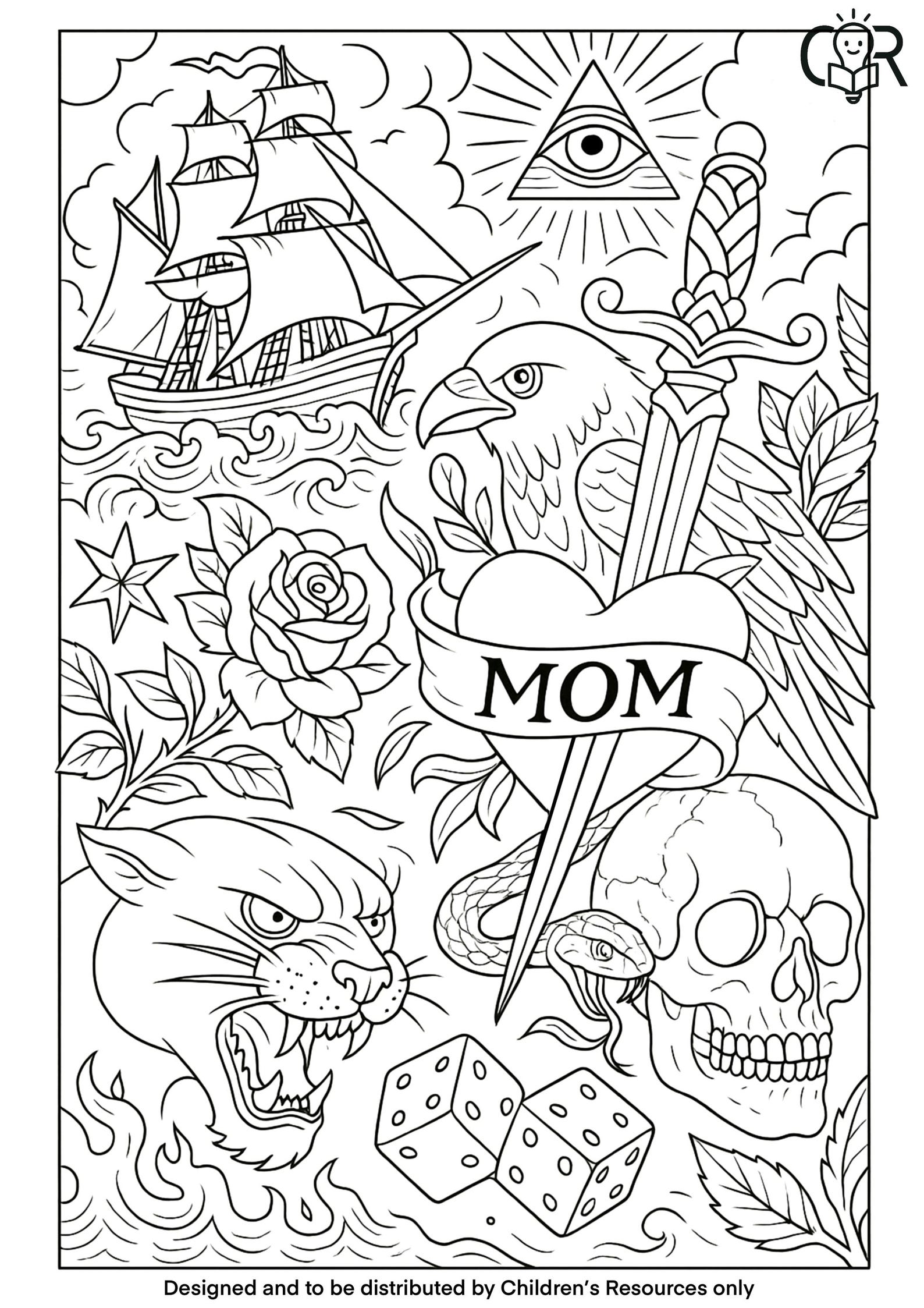 Kids Coloring Page - Tattoo Themed - Etsy