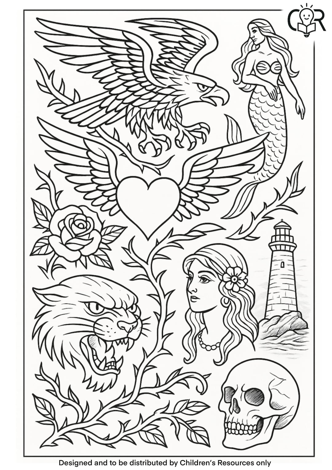 Kids Coloring Page - Tattoo Theme #2 - Etsy