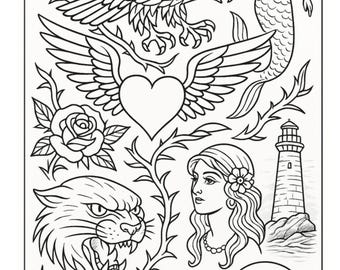 Kids Coloring Page - Tattoo Themed - Etsy