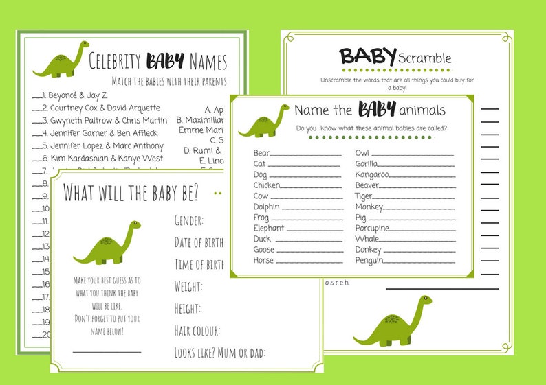 Green Dinosaur Baby Shower Games Package - Etsy