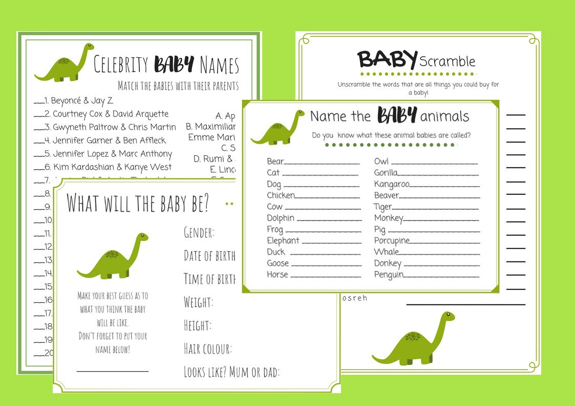 Green Dinosaur Baby Shower Games Package - Etsy