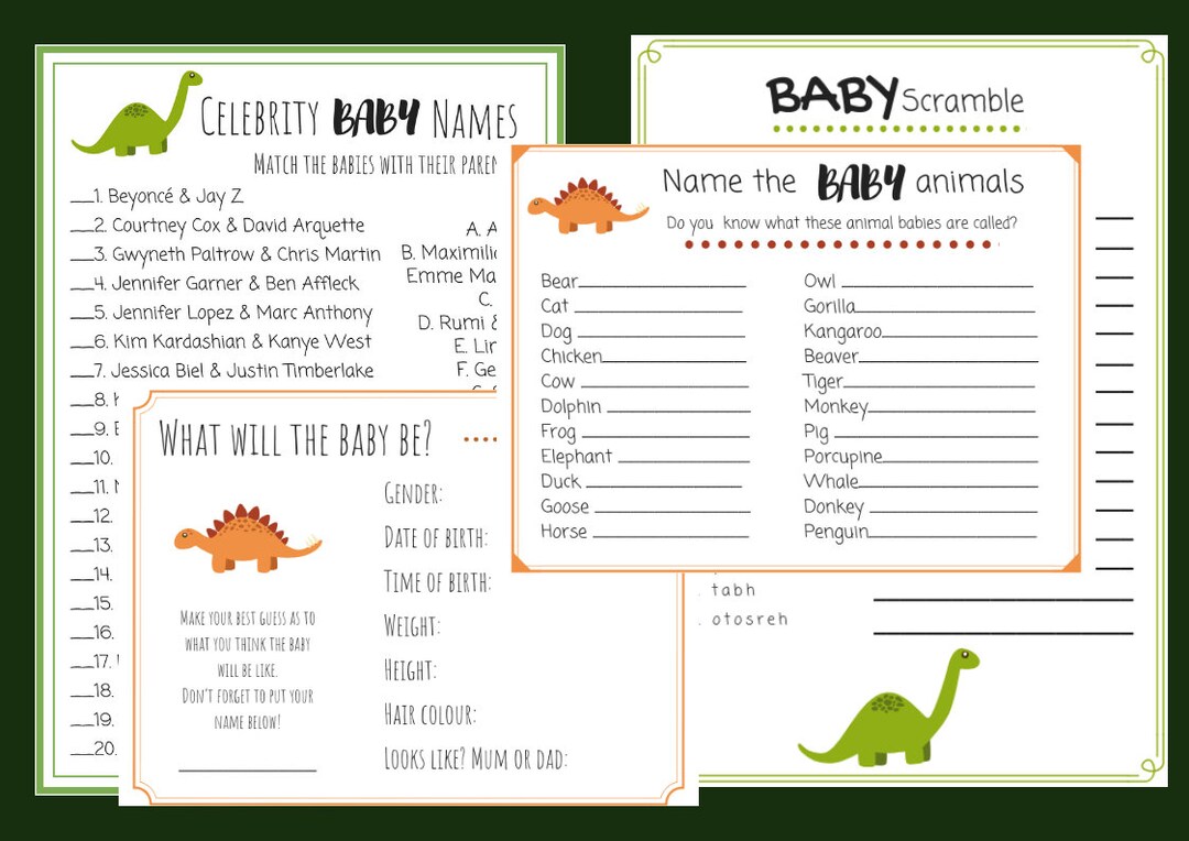 Orange and Green Dinosaur Baby Shower Game Package - Etsy