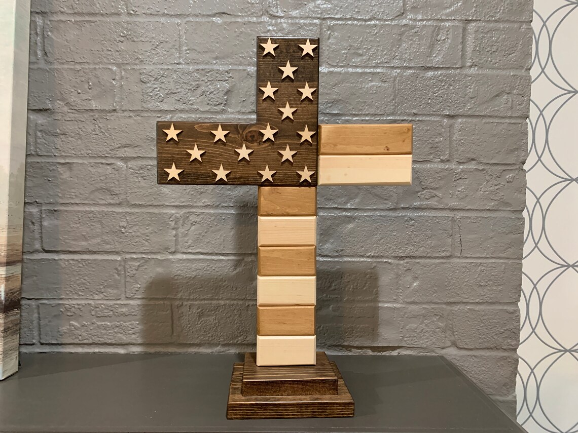 Wood USA Flag Cross With Base Stained Christian Wood Cross - Etsy